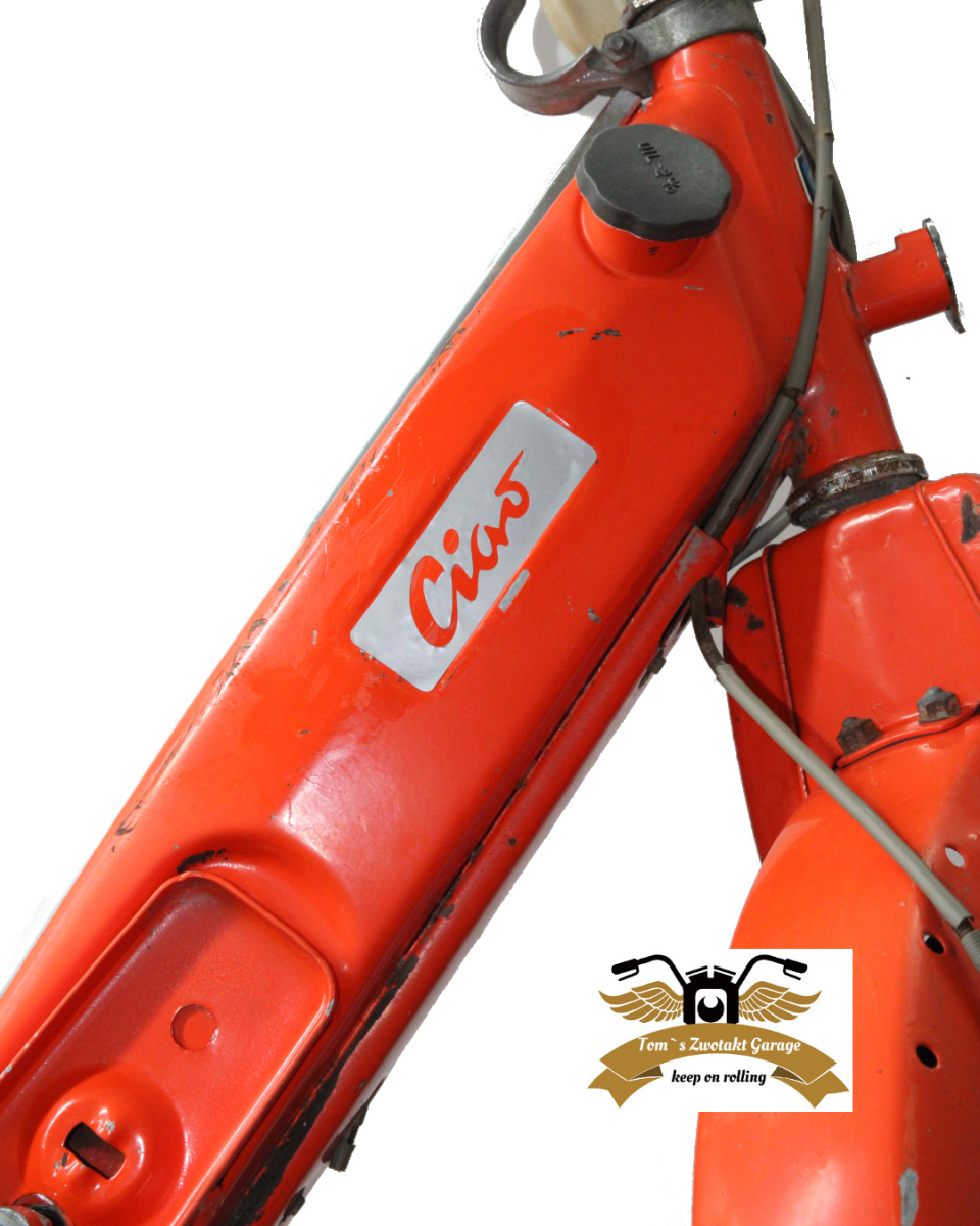 Piaggio Ciao Tankaufkleber klein 84x28mm silber invers >> Zwotakt Gar ...